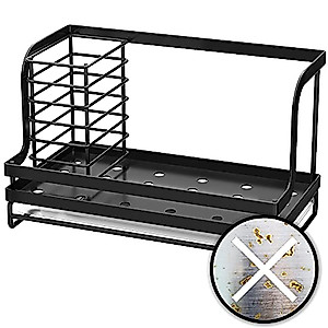 ODesign Sink Caddy, Kitchen sink Organizer Caddy with Drain Pan Try Sponge Scrubber Brush Dishrag Dishcloth Holder Rack Counter Stainless Steel Rustproof - Black