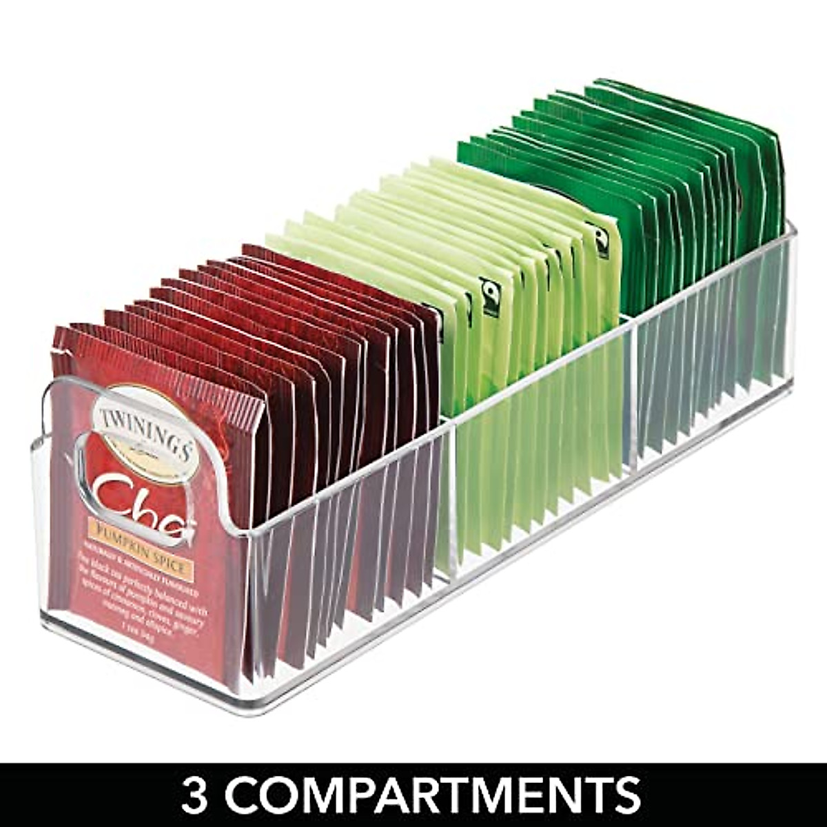 mDesign Plastic Condiment Organizer and Tea Bag Holder - 9" Long Kitchen Pantry/Countertop Storage Caddy - Divided Chip, Snack, Granola, Oatmeal Packet Holder - Lumiere Collection - 4 Pack - Clear