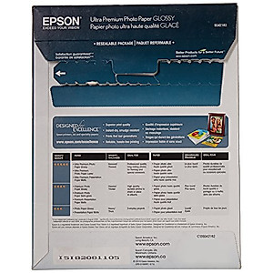 Epson Ultra Premium Photo Paper Glossy, Letter, 8.5 x 11, 25 Sheets (S042182), White