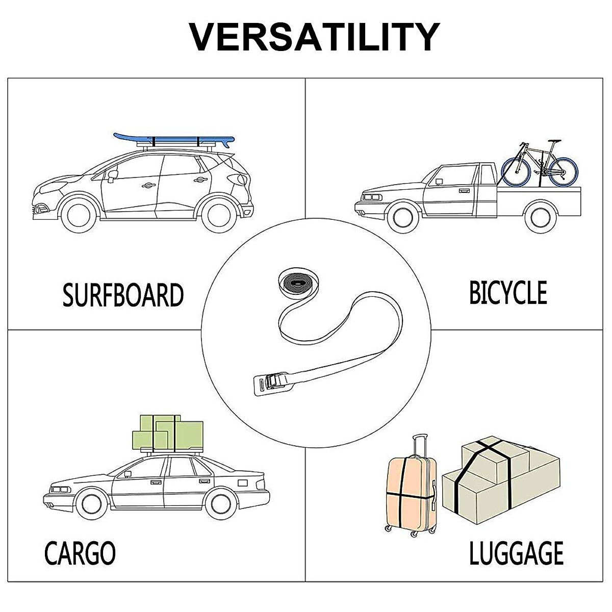 Mind and Action 16 Ft Sturdy Tie Down Strap Lashing Strap with Rubber Padded Cam Lock Buckle,for Car Roof Rack,Kayak Canoe SUP Surfboard Tie Down,Boat Trailer Tow Strap(4 Pack)