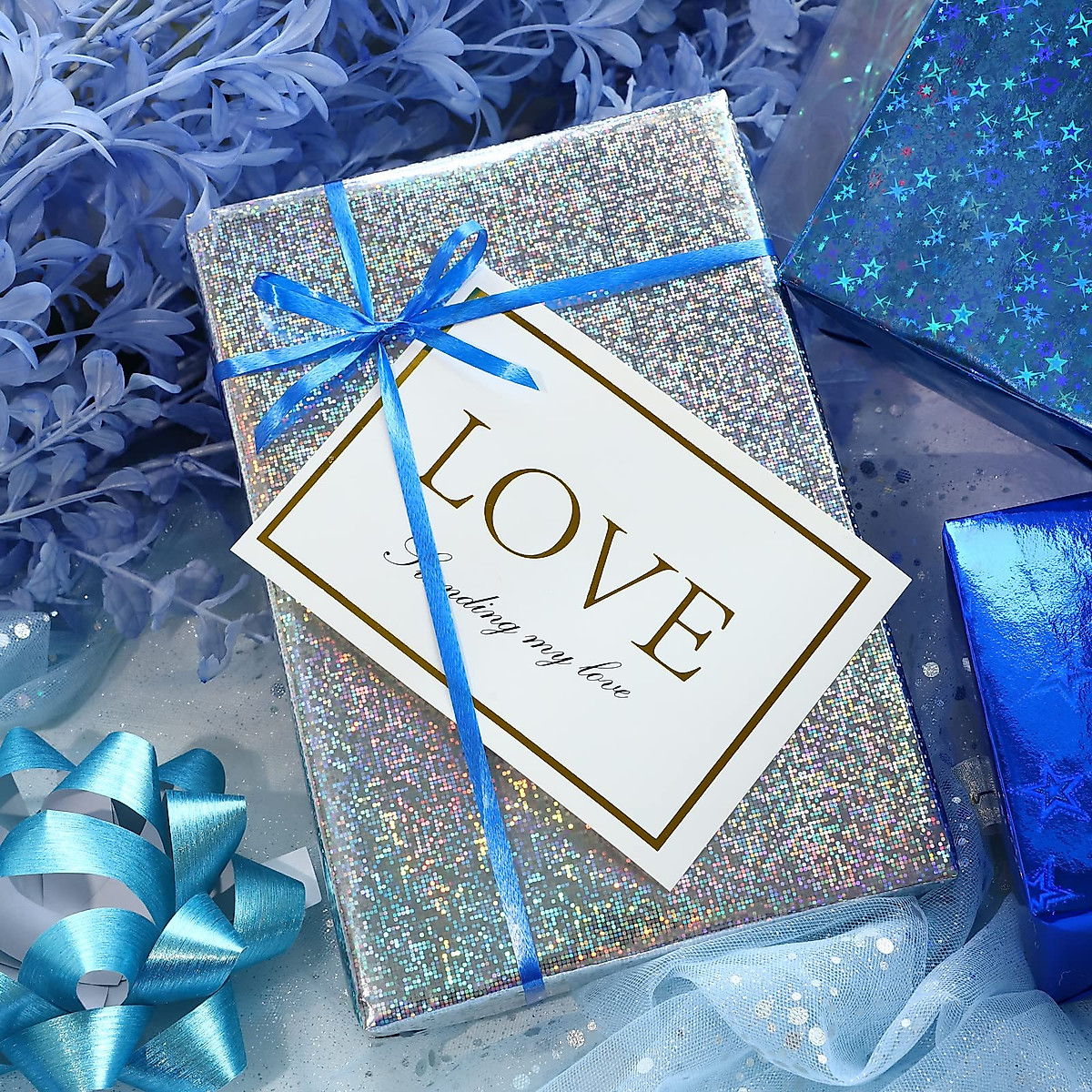 LeZakaa Holographic Foil Wrapping Paper - Mini Roll - Navy/Blue/Silvert for Birthday, Wedding Shower, Holiday - 17 x 120 inches - 3 Rolls (42.5 sq.ft.ttl.)