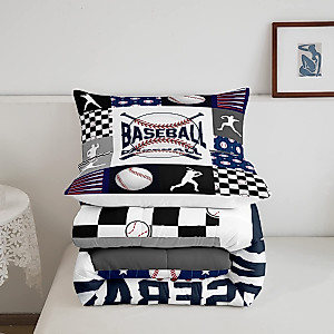 Baseball Bedding,Kids Sports Baseball Comforter Set For Boys Girls Twin Size,Teen Baseball Quilt Set Sport Fans Room Decor,Patchwork Geometric Checkered Comforter Balck white Navy Blue 1 Pillowcase