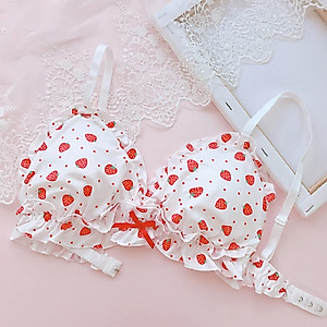 Paloli Women’s Cute Wirefree Lingerie Set, Strawberry Bikini Set Ruffle Trim Bra And Panty - 100% Cotton