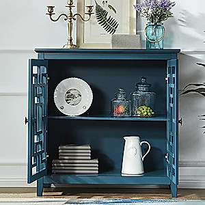 Wood Accent Buffet Sideboard Storage Cabinet with Doors and Adjustable Shelf, Entryway Kitchen Dining Room, Dark Teal