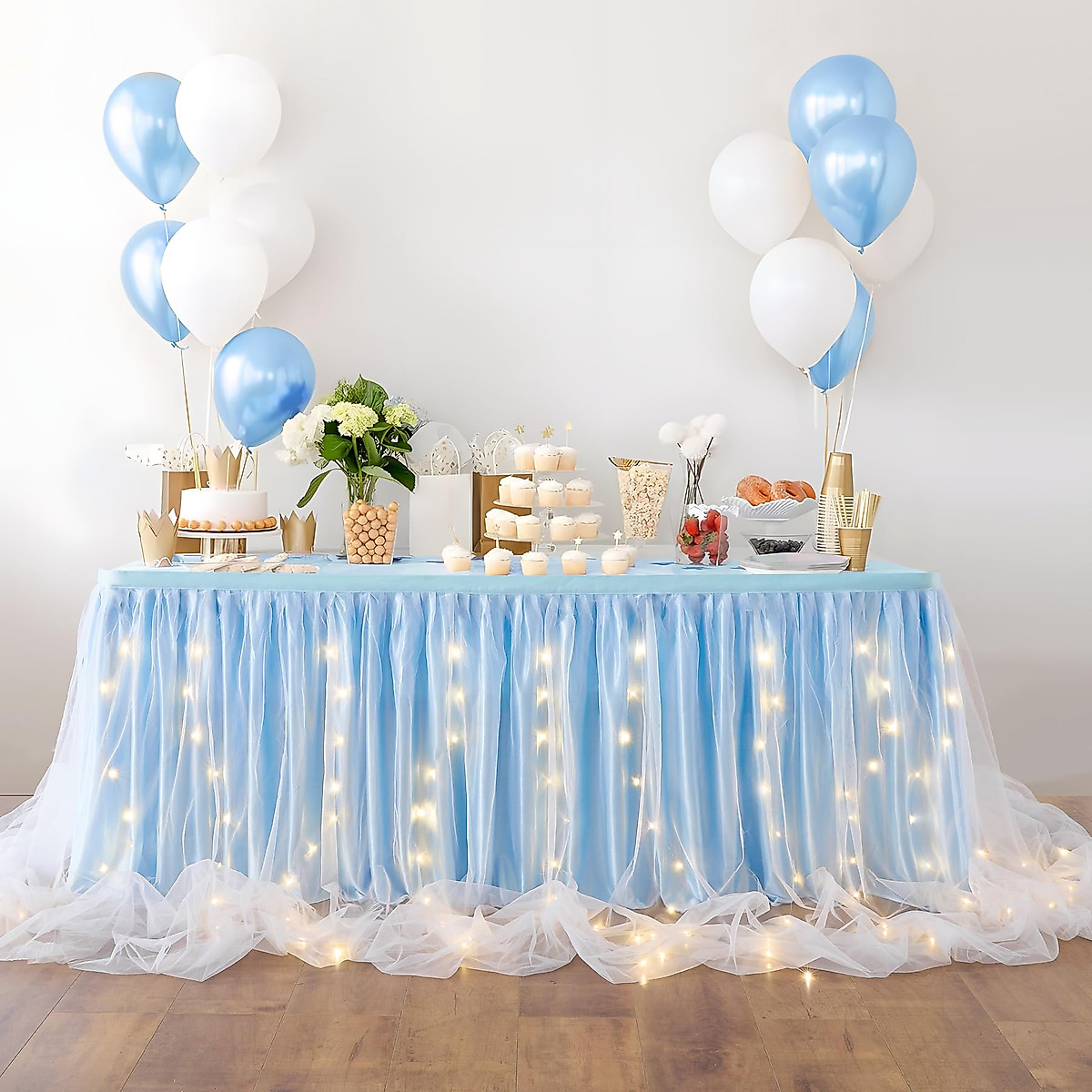 leegleri Baby Blue Tulle Table Skirt for Baby Shower,6FT Blue Ruffle Tutu Table Skirt with LED Light for Elephant Birthday Party Ocean Baby Shark Gender Reveal Cake Table Decorations