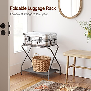 AMHANCIBLE Luggage Rack, Set of 2, Foldable Suitcase Stands for Guest Room, Metal Luggage Holder with Storage Shelf for Bedroom, Hotel, Easy Assemble, HLR02GY