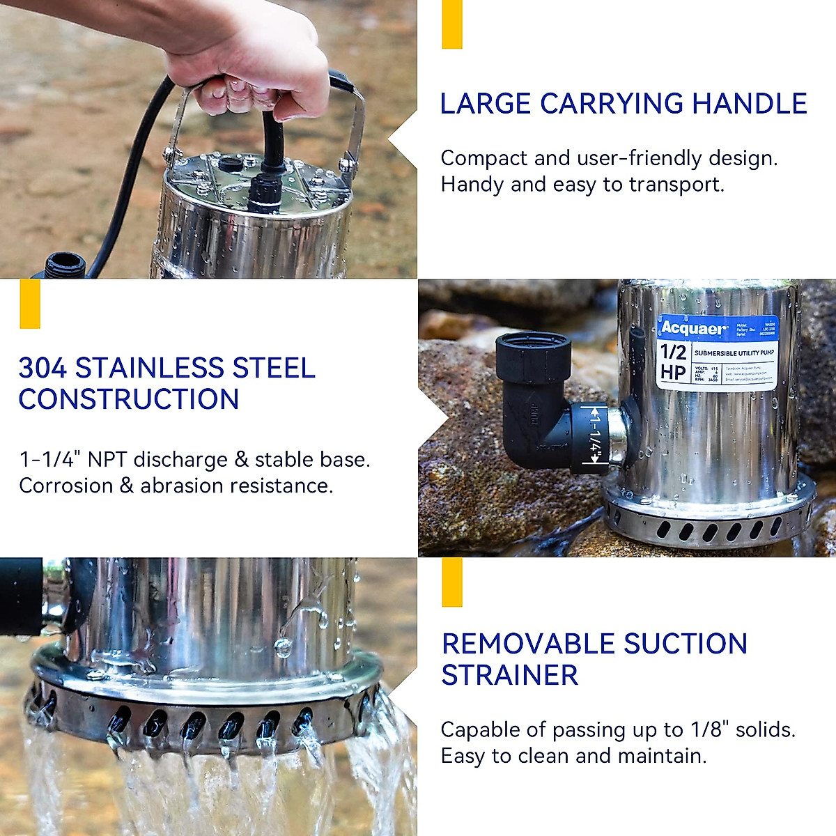 Acquaer 1/2HP Submersible Utility Pump, 3030GPH Stainless Steel Sump Pump, Water Removal for Basement Hot Tub Pool Cover Draining, 30ft Cord