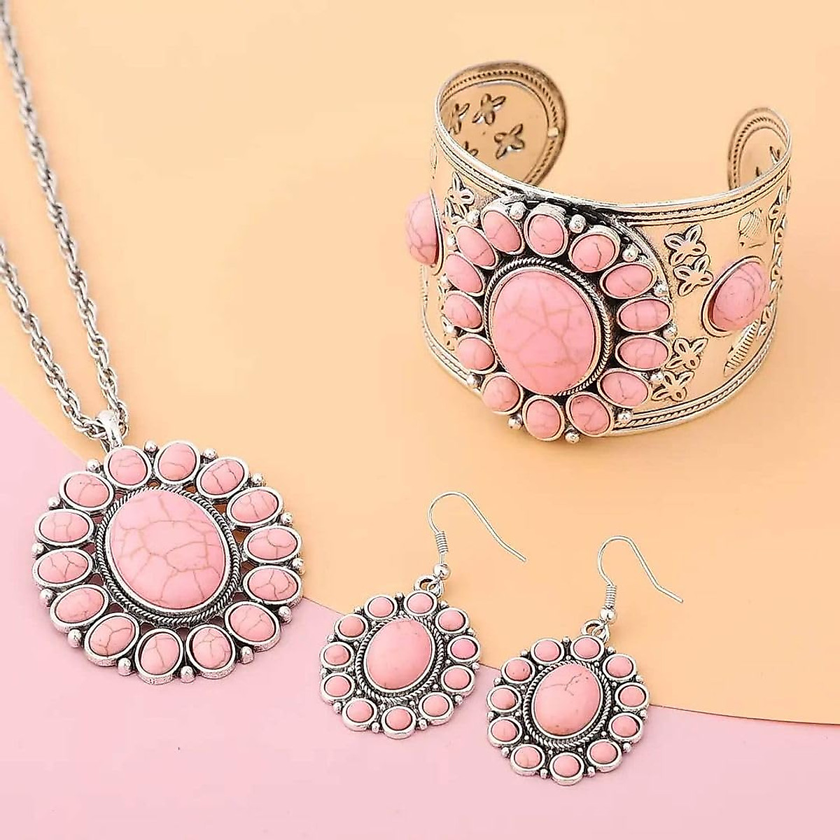 Howlite Jewelry Set - Pink Western Jewelry for Women - Turquoise Inspired Necklace, Earrings & Cuff Bracelet Set - Southwestern Chunky Statement Necklace in Stainless Steel - 26" Necklace Length