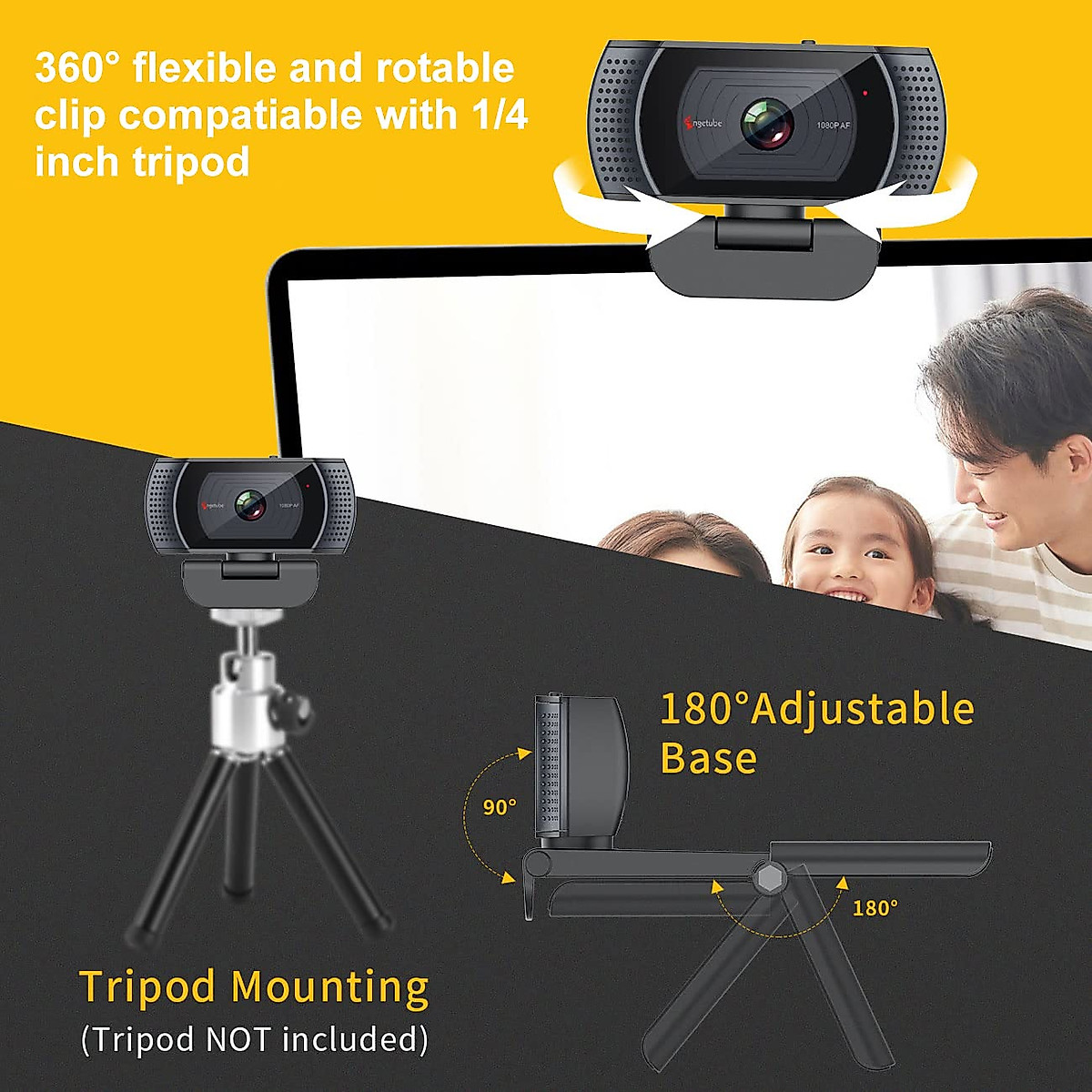 Angetube 1080P HD Webcam, USB Web cam with Autofocus Built-in Microphone & Privacy Cover，Webcam for Laptop，Streaming Web Camera for Skype/Zoom/FaceTime/Hangouts - Control Software Included