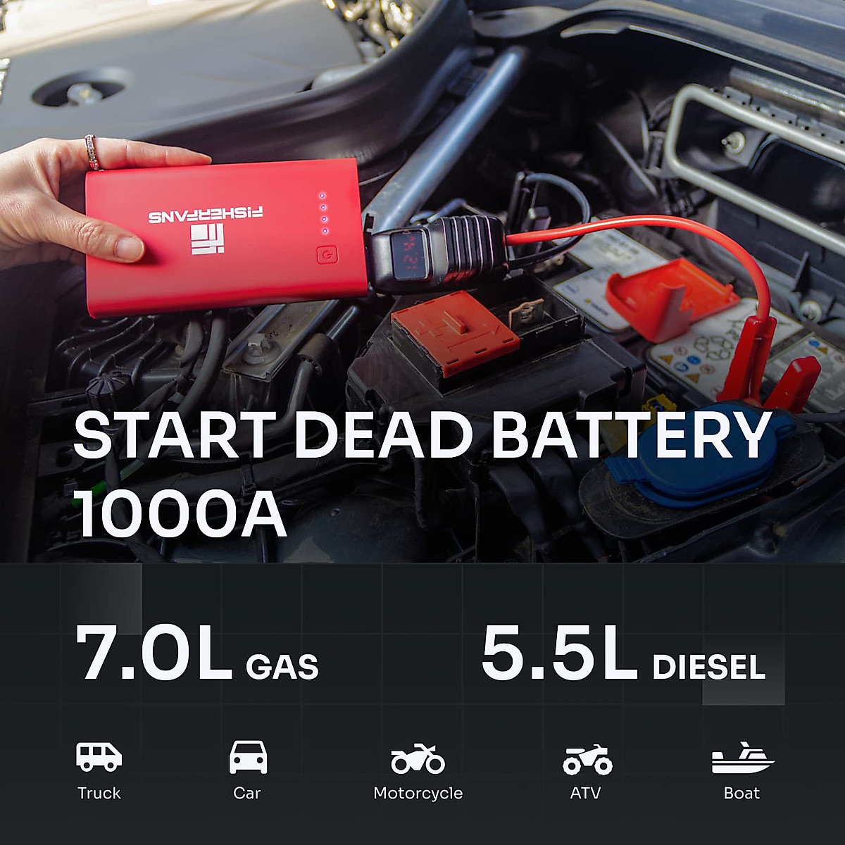 Jump Starter, FISHERFANS Battery Booster Pack up to 7.0L Gas/5.5 Diesel Engines Portable Car Jump Starter with Smart Jumper Cables USB Charge LED Flashlight