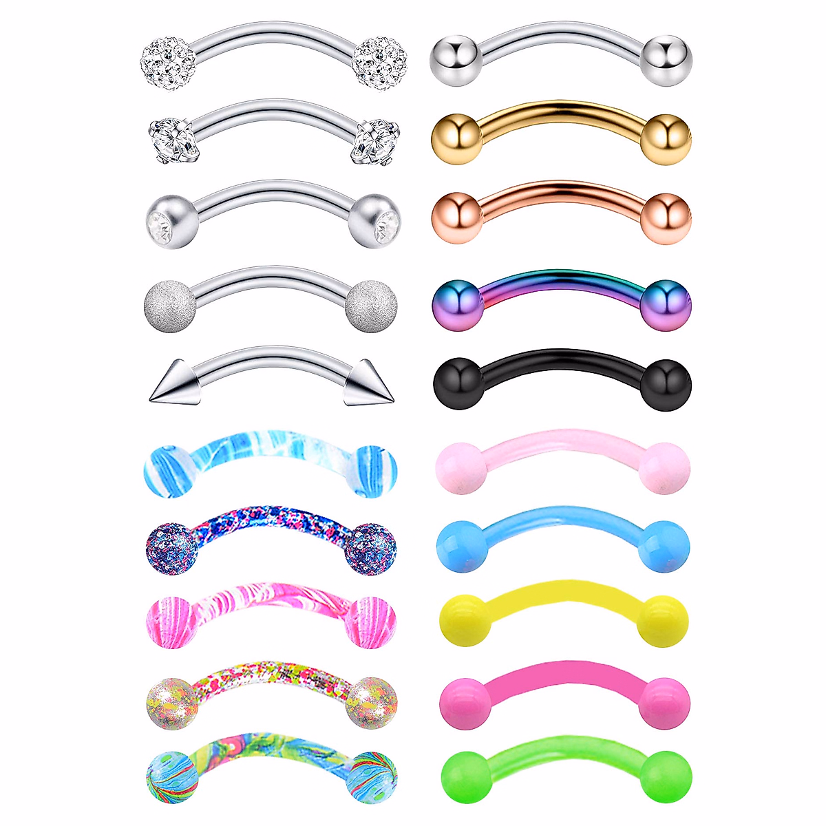 EVELICAL 20Pcs 16G Eyebrow Piercing Rook Curved Barbell Kit Eyebrow Tragus Lip Rings for Women Men 8mm