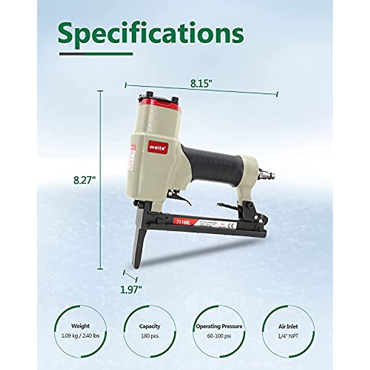 meite 7116BL Pneumatic Upholstery Stapler with Long Nose-1/4-Inch to 5/8-Inch 22 Gauge 3/8'' Crown Fine Wire Stapler