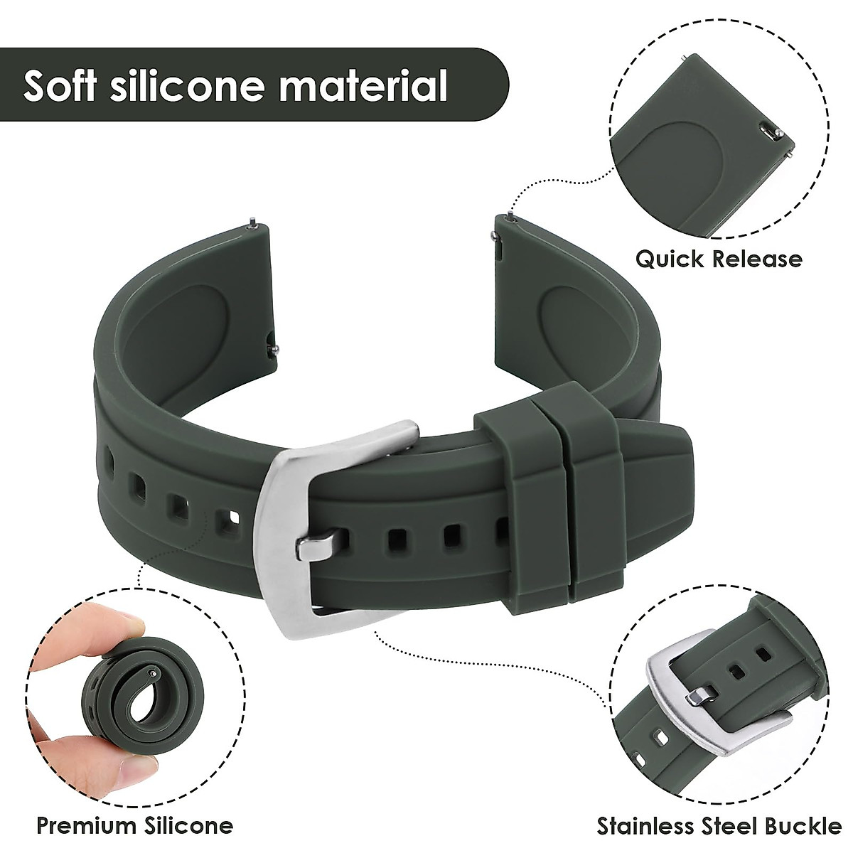 Bewudy Quick Release Watch Band, Soft Silicone Watch-Bands Strap, Silver Stainless Steel Buckle, Replacement Band Width 20mm 22mm for Men (22 mm, Green)