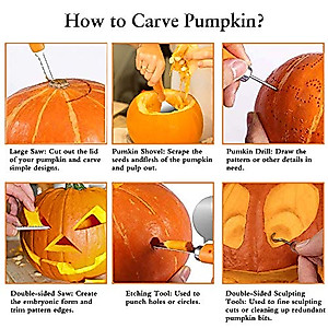 Halloween Pumpkin Carving Kit, 11 Pieces Pumpkin Carving Tools Sets with 12 Pumpkin LED Candles Lights, Professional Heavy Duty Stainless Steel Pumpkin Cutting Knife Supplies for Halloween Decoration