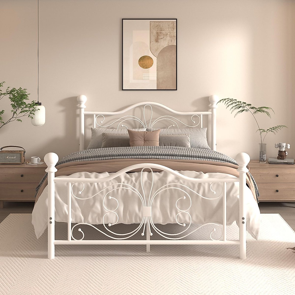 LoVinson Full Size Bed Frame，Metal Platform Bed Frame with Headboard, Butterfly Pattern Design Headboard & Footboard, Strong Metal Slat Support, Easy Assemble, No Box Spring Needed, Noise Free, White
