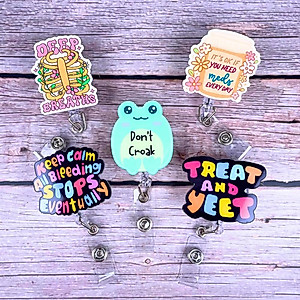 YJ PREMIUMS 5 PC Funny Cute Nurse Badge Reel Retractable Holder Clip for Nurses Nursing Student CNA RN LPN MA Medical Assistant Pharmacy X-Ray Treat Yeet Don’t Croak Keep Calm Accessories