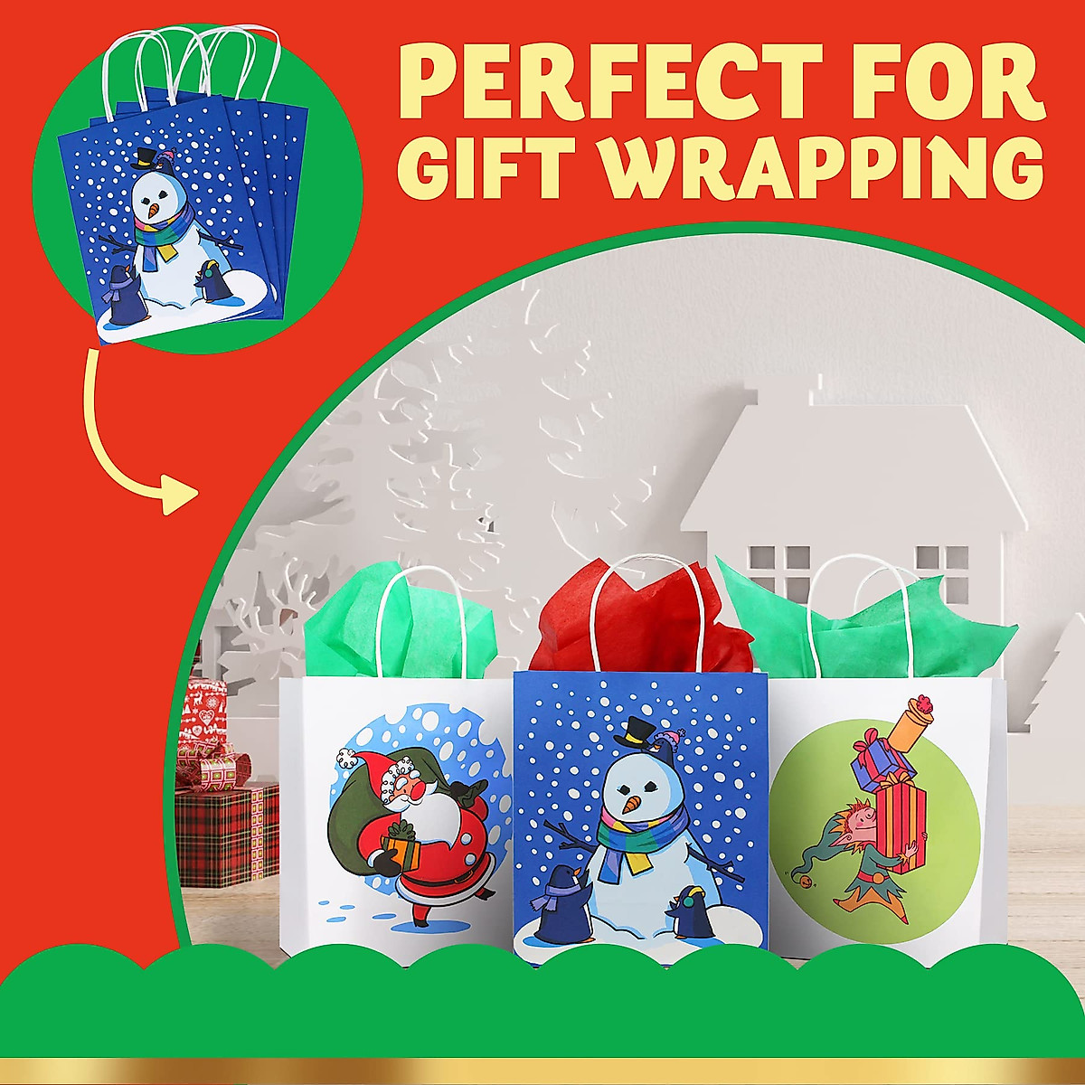 JOYIN 24 Christmas Kraft Paper Gift Bags with Handles Blue and White with Assorted Christmas Prints for Holiday Christmas Goody Bags, Xmas Gift Bags, School Classrooms and Party Favors