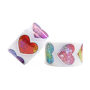 Mercei Heart Stickers with Stained Glass Background and Silver Holographic Frame, 1.5 inch Small Heart Shaped Adhensive Sticker Labels in a Roll, Decorative or Seal in Business and Personal Package