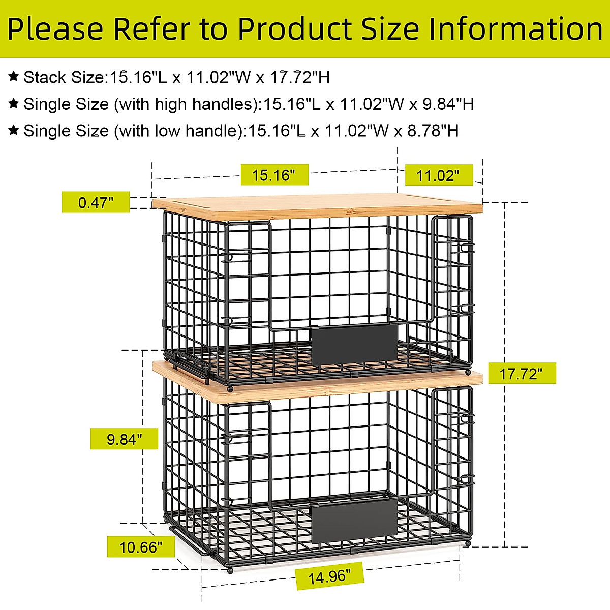 2 Pack XXL Stackable Wire Baskets with Bamboo Top for Pantry Organizers and Storage, Kitchen Organization Counter Basket for Fruit, Vegetable, Produce, Bread, Potato and Onion Storage Bins