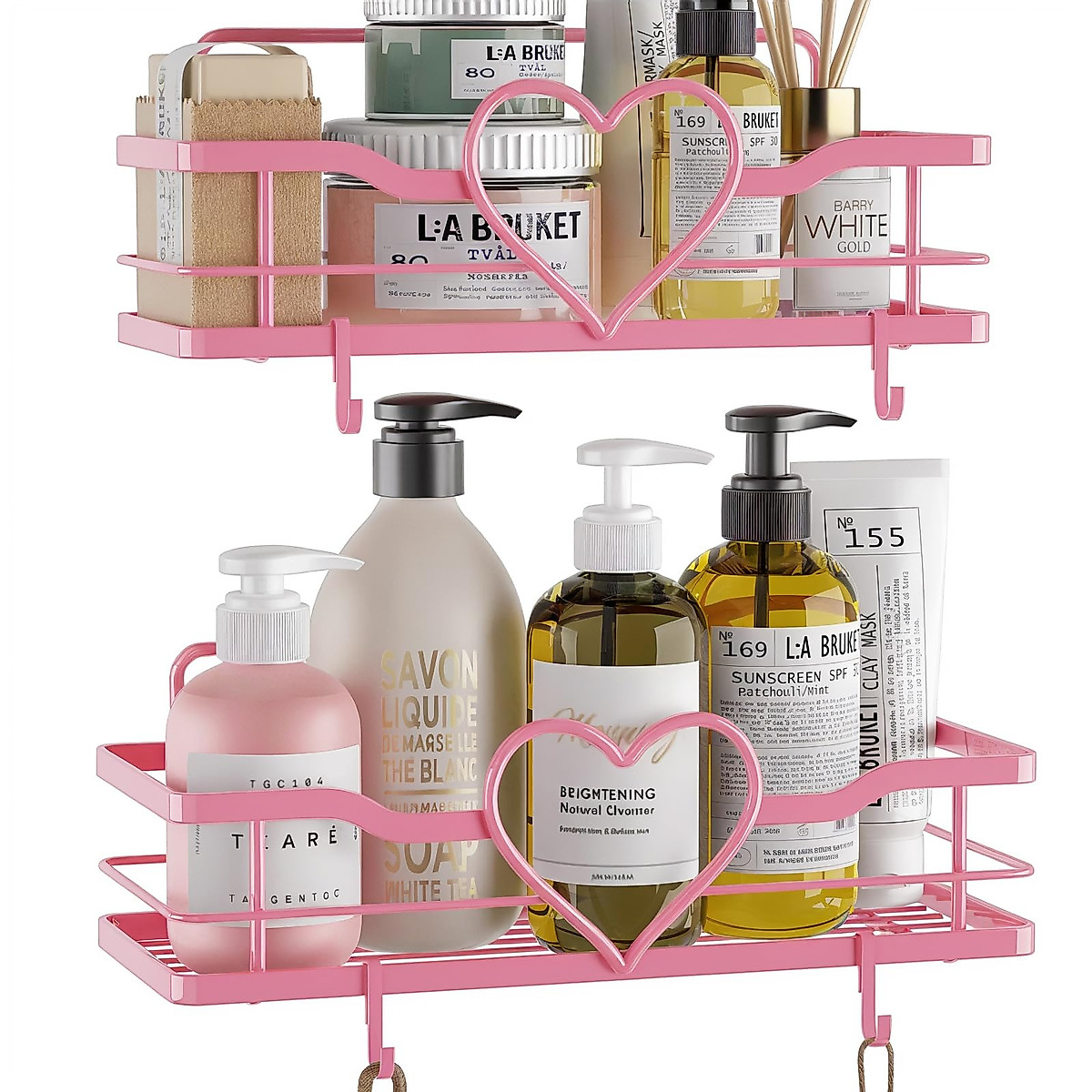 FLCITY Pink Shower Caddy with 4 Removable Hooks, 2 Pack Sweet Heart Shower Shelves,No Drilling Adhesive Organizer Shelf for Bathroom Shower,Kitchen,Bedroom