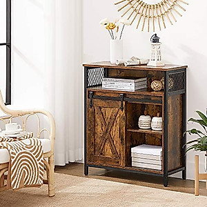VASAGLE Buffet Cabinet, Sideboard with Open Compartment, Sliding Barn Door, 27.6”L x 11.8”W x 31.5”H, Industrial Rustic Brown and Black ULSC089B01