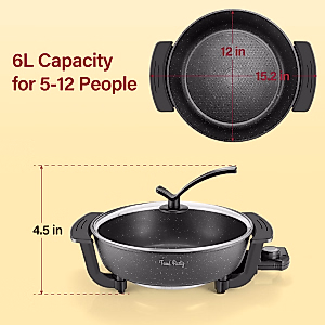 Food Party Electric Hot Pot Skillet Hotpot Pot Electric Cooker Shabu Shabu Pot 110V Non-Stick 6L BPA FREE Fondue Chinese Hot Pot