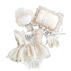 Yuehuam Newborn Photography Prop Girl Outfits Baby Lace Romper Hat Pillow Shoes Set Infant Photoshoot Skirt Clothes