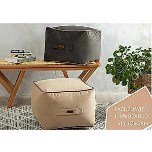 English Home Ottoman Pouffe, Comfortable Cube Foot Stool, Soft Velvet Bean Bag, Home Decor Footstool Extra Seating for Living Room, Bedroom, Casha, 17.7x17.7 inch (45x45 cm), Beige