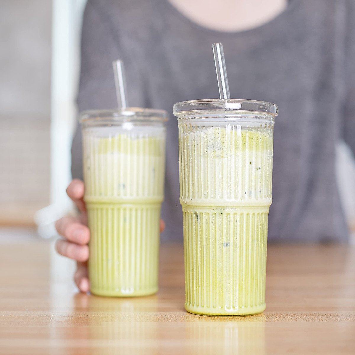 Birchland All Glass Iced Coffee Cup with Lid and Straw, Ribbed Glass Tumbler Set of 2 (18 oz)