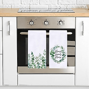 Watercolor Eucalyptus Leaves Home Sweet Home Kitchen Dish Towel 18 x 28 Inch, Summer Greenery Tea Towels Dish Cloth for Cooking Baking Set of 2