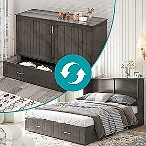 BALUS Murphy Bed Cabinet with Mattress,Modern Muti-Functional Cube Cabinet Bed with USB Charging Station&2 Large Drawers&3 Level Folding Foam Mattress for Living Room/Apartment/Loft,Queen (Stone Grey)