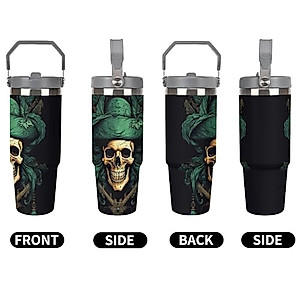 30oz Stainless Steel Insulated Tumbler with Flip Lid & Straw, Leakproof Travel Mug for Car, Pirate Skull Double Wall Vacuum Thermal Coffee Cup with Handle, Spill-Proof Design for Hot/Cold Drinks