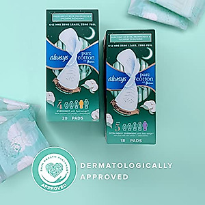 Always Pure Cotton, Feminine Pads For Women, Size 5 Extra Heavy Overnight Absorbency, Multipack, With Flexfoam, With Wings, Unscented, 18 Count x 3 Packs (54 Count total)