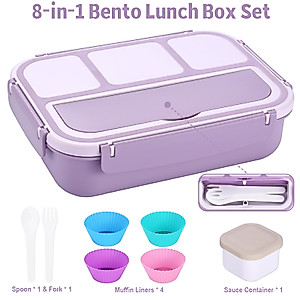 Bento Box Adult Lunch Box, Lunch Containers for Kids Girls Boys with 4 Compartments, Lunchable Food Container with Utensils, Sauce Jar, Muffin Liners, 40 Oz/5 Cup, Microwave Safe, Lavender