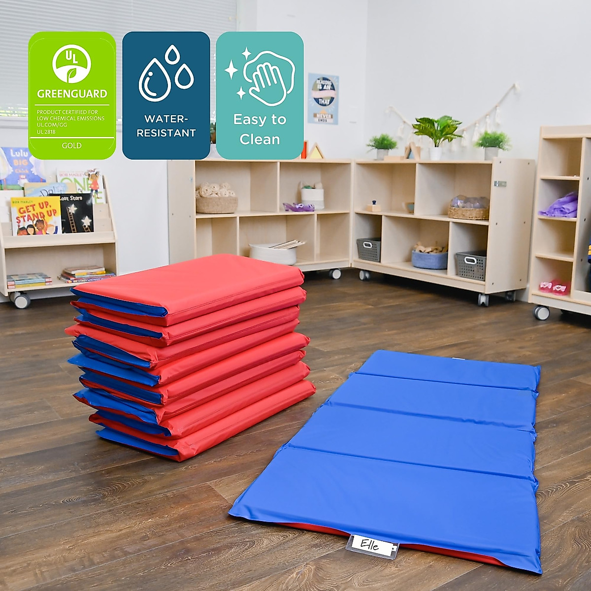 Children’s Factory 1 Inch Thick Rest Mats for Preschool, 4-Section Nap Mats for Daycare, Nursery, Classroom, Red-Blue, 10 Pack