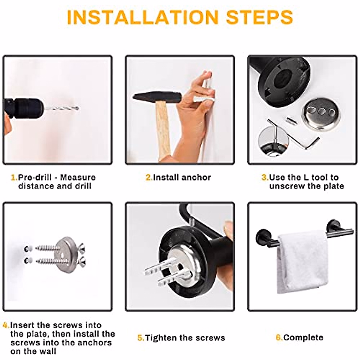 Homestep 5 pcs Bathroom Hardware Set, Stainless Steel Round Wall Mounted Include 20" Bath Towel Bar ,Toilet Paper Holder , Hand Towel Ring , 2 Towel Robe Hooks ,Bathroom Accessories Kit (Matte Black)