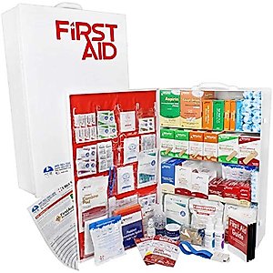 OSHA & ANSI 4 Shelf Industrial First Aid Cabinet with Pocket Liner, 150 Person, 1125 Pieces, 2015 Class B+, Types I & II, Made in USA by Urgent First Aid™ with extra content & NEW ANSI First Aid Guide