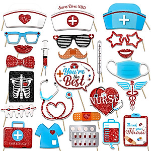 HOWAF 25pcs Thank You Nurses Photo Booth Props, Nurse Appreciation Week Party Supplies Selfie Props, Nurse Themed Photo Booth Props for Happy International Day Party Decorations Supplies