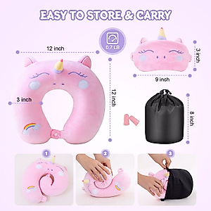 Cirorld Travel Pillow for Kids Adult Cute Neck Pillow for Traveling Memory Foam Airplane Pillow Sleep Mask Animal Flight Pillow Head Rest Neck Support for Cars Long Flights (Pink, 9-12 Y/O)