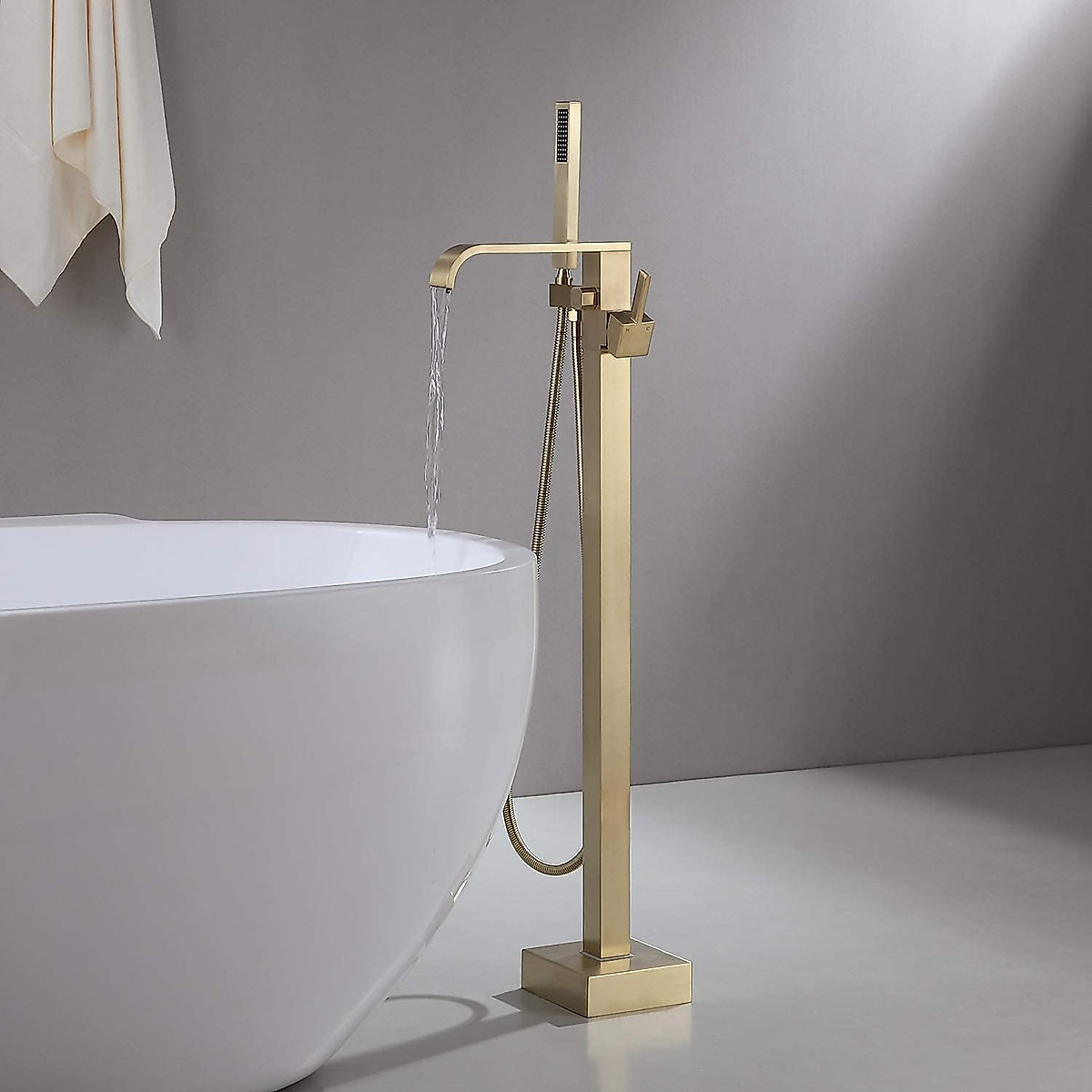JiaYouJia Freestanding Bathtub Faucet Brushed Gold Tub Filler with Handheld Shower Single Handle Floor Mount Bathroom Faucet
