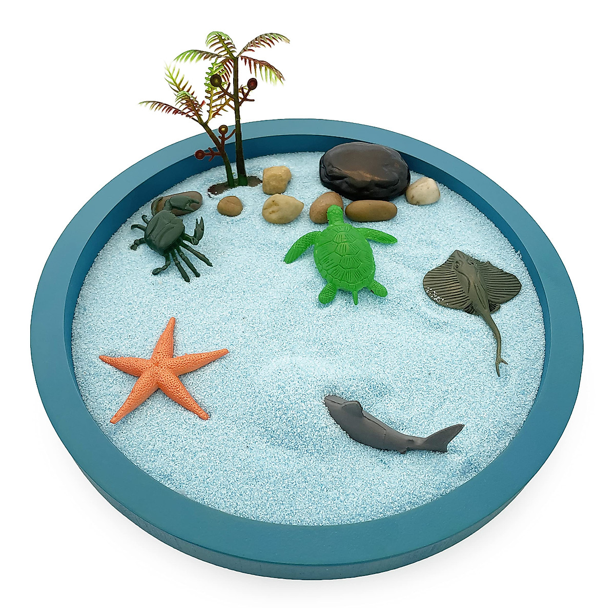 Japanese Zen Garden Mini Kit for Desk - Ocean Beach Theme - Relaxation, Meditation & Mindfulness - Gift for Birthdays, Christmas, Etc. - Includes Rake, Sand, 10+ Accessories! - Tray Diameter 8.5"