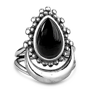 DALEGEM Natural Black Onyx Agate Stone Quartz Crystal Ring for Women,S925 Sterling Silver Waterdrop Shaped Gemstone Crescent Moon Boho Statement Ring Jewelry (Ring_Black, 10)