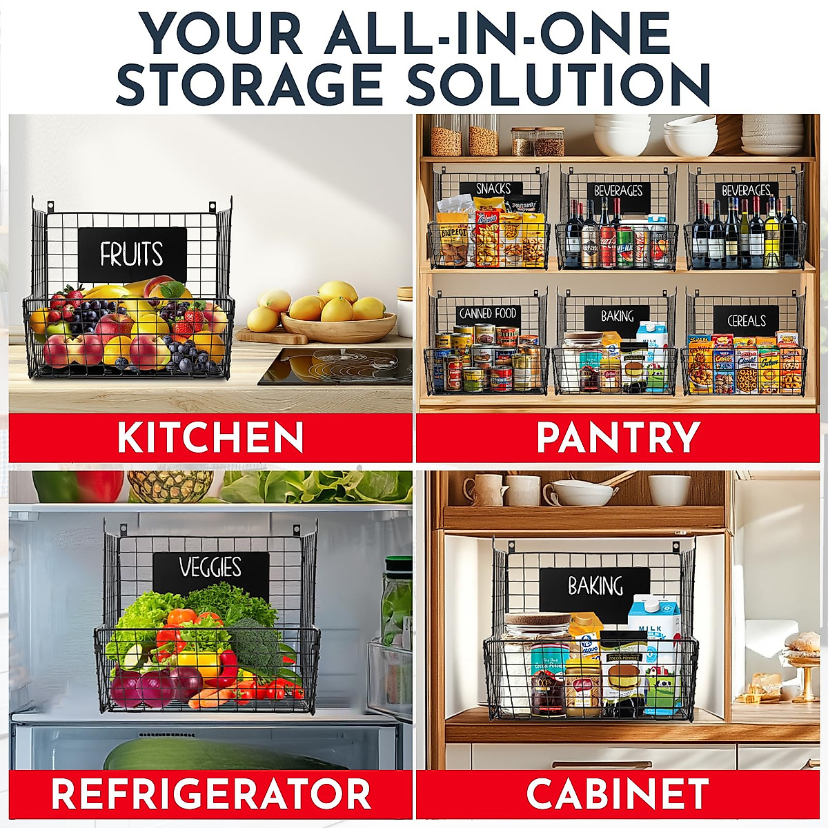 Culinary Couture 3-Tier Wire Hanging Basket for Organizing, Heavy-Duty Hanging Wall Baskets for Storage with Adjustable Chalkboards & S-Hooks, Minimalist Hanging Fruit Basket for Kitchen, Black