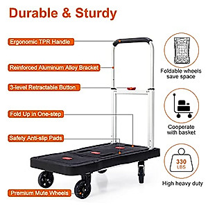 Double Rhombus Folding Hand Truck Platform Truck 330 Lbs Heavy Duty Dolly Cart with Wheels, Fully Folded Push Cart, Portable Trolley Utility Cart for Easy Storage, Garage Moving Shopping Home Office