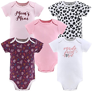 The Peanutshell Short Sleeve Baby Bodysuits Set for Baby Girls - Cheetah, Pink, Floral Maroon - 5 Pack Set… (Newborn)
