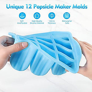 Popsicle Molds Silicone BPA-free,12 Pieces Popsicle Trays for Freezer,Homemade Ice Cream Popsicle Molds,Large Ice Pop Maker Set,Reusable Ice Lolly Mould with 100PCS Popsicle Sticks