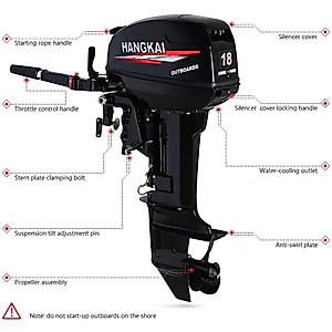 2 Stroke 18 HP Short Shaft Outboard Motors Engine, Fishing Boat Engine Tiller Control Motor Fishing Boat Engine Water-Cooling Heavy Duty Outboard Motors