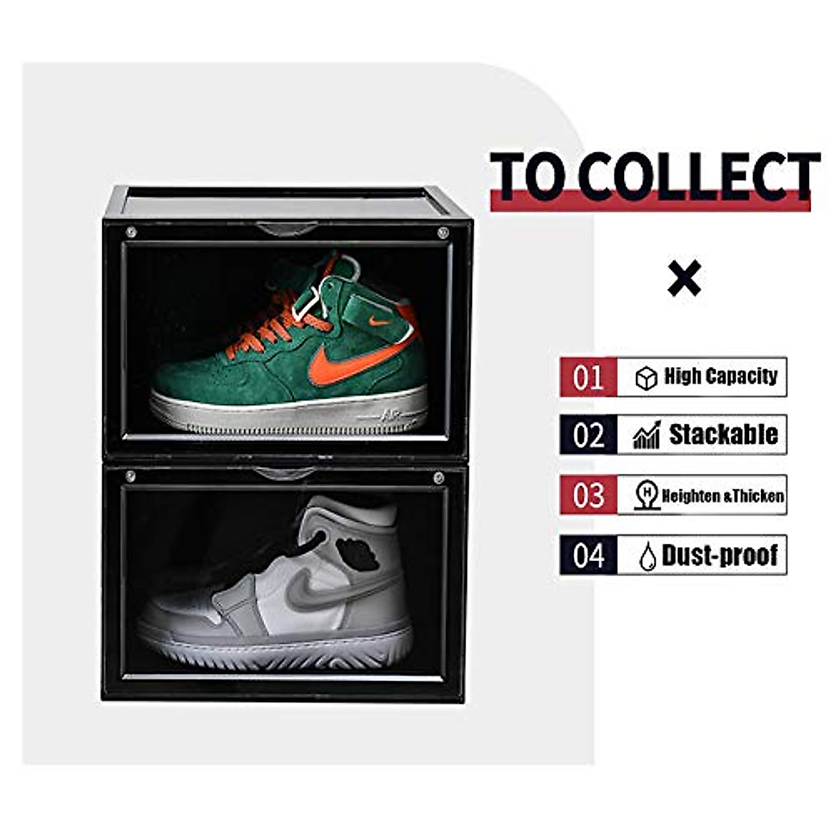 AOTENG STAR Storage Shoes Box Womens Mens Shoe Storage Display Box Plastic Foldable Stackable Shoe Container Black Closet Shelf Shoe Organizer-Six Pack(Black)