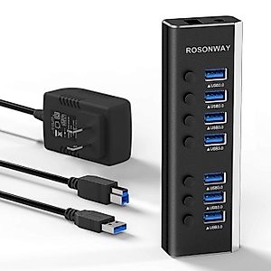 USB Hub 3.0 Powered Rosonway Aluminum 7 Ports USB 3.0 Data Hub Splitter with 24W (12V/2A) Power Adapter and Individual On/Off Switches USB Port Expander for PC and Laptop (RSH-A37S)