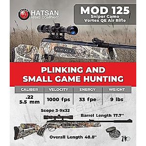 Hatsan Mod 125 Sniper Camo .22 Cal 1250 FPS / 33 FPE - Vortex Piston Break Barrel Air Rifle 22 Caliber + 3-9×40 Scope, Adjustable Cheek Piece & QuietEnergy QE air Gun + Wearable4U 250x Pellets Bundle